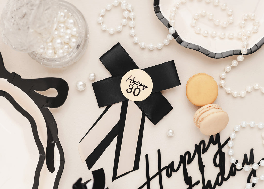 Cream and Black Happy 30 Rosette | Party Supplies | Fancy Parties
